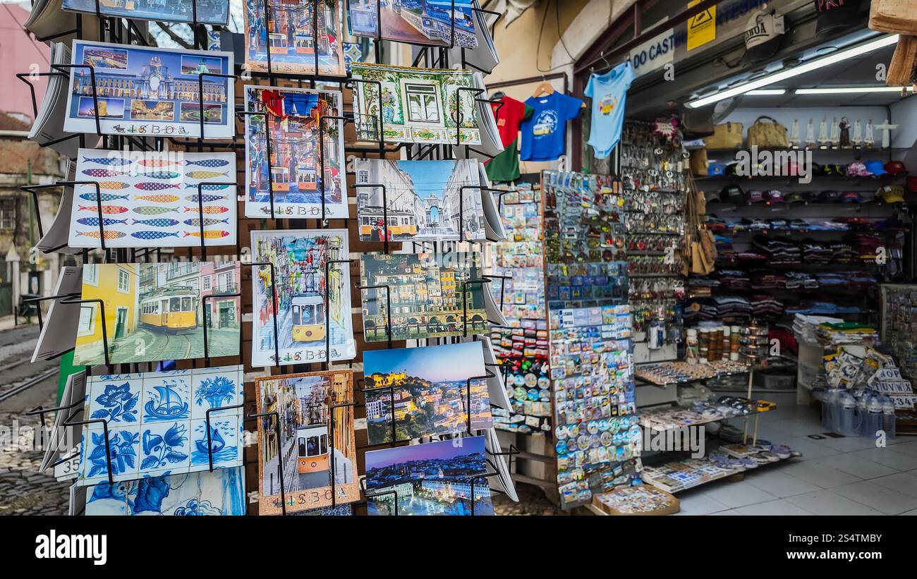 a gift shop in Lisbon offers a wide variety of postcards, featuring ...
