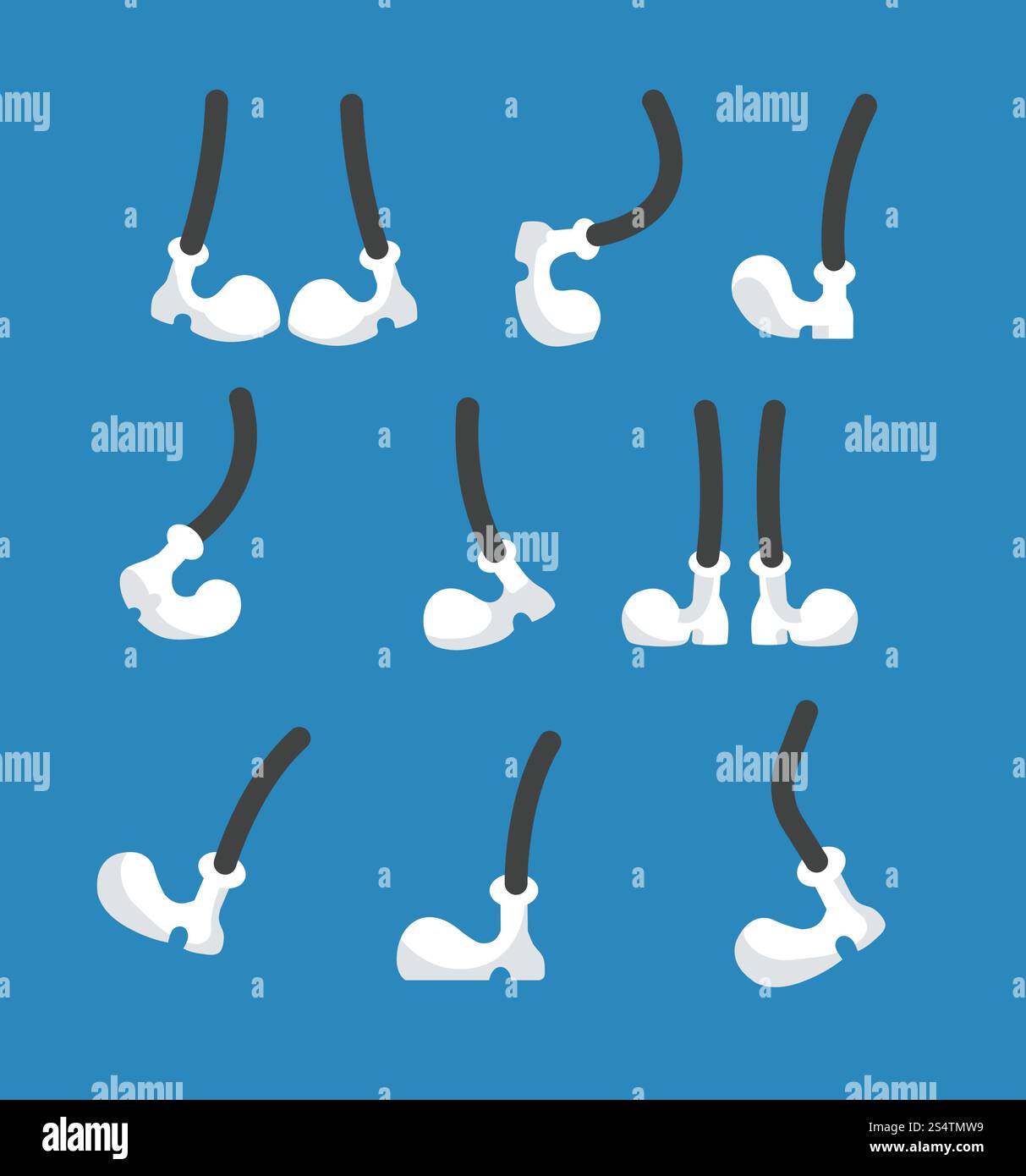Cartoon legs in various poses. Comic foot and leg in white shoes. Body ...