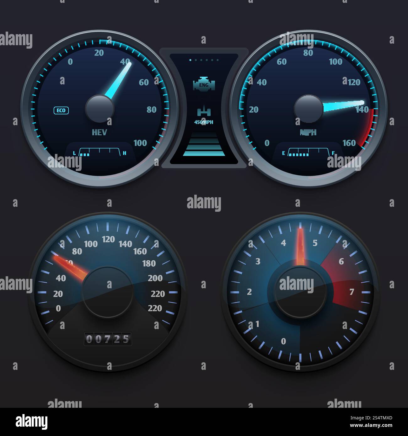 Realistic car dashboard speedometers with dial meter. Rapid symbols vector set. Illustration of ...