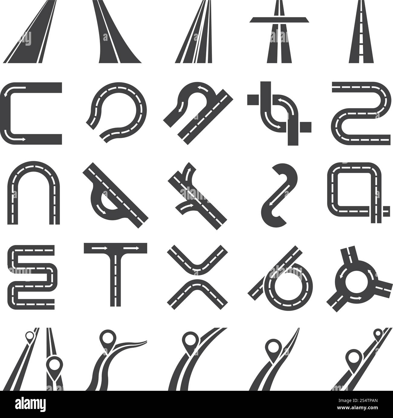 Map highway path symbols. Black truck road vector icons isolated. Road ... Map highway path symbols. Black truck road vector icons isolated. Road ...