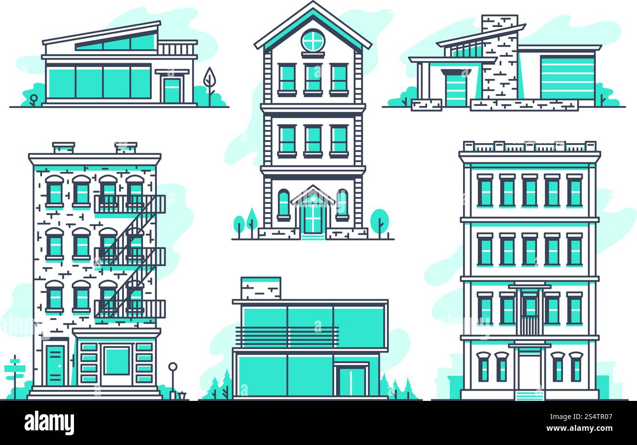 Contemporary urban and suburban houses line icons set. Real estate ...
