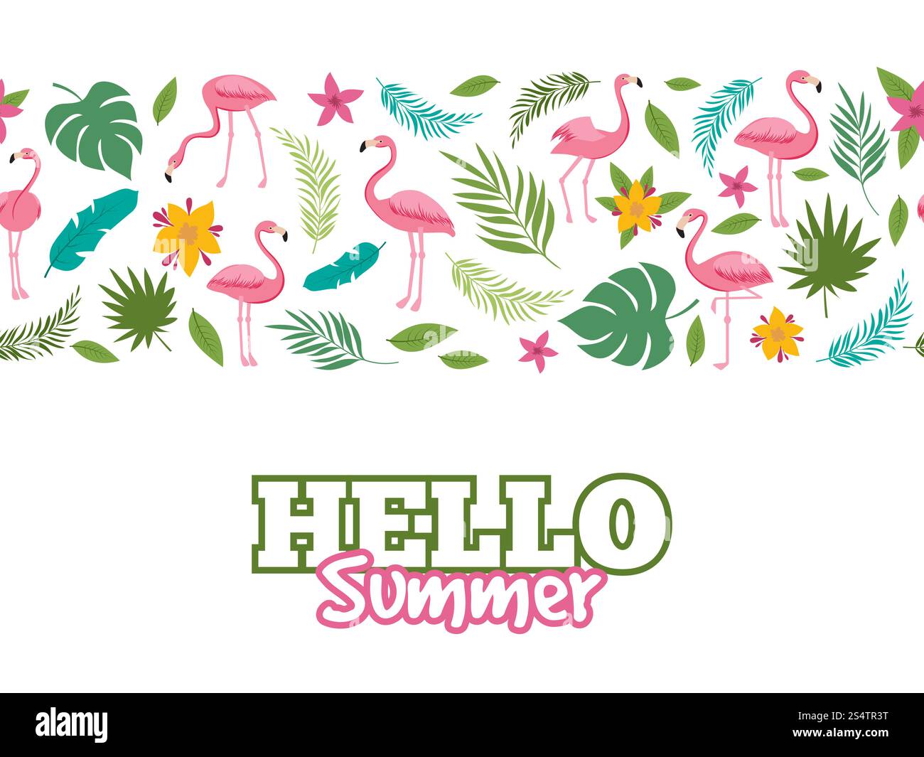 Tropical leaves and flamingo pattern. Hello summer banner or poster ...