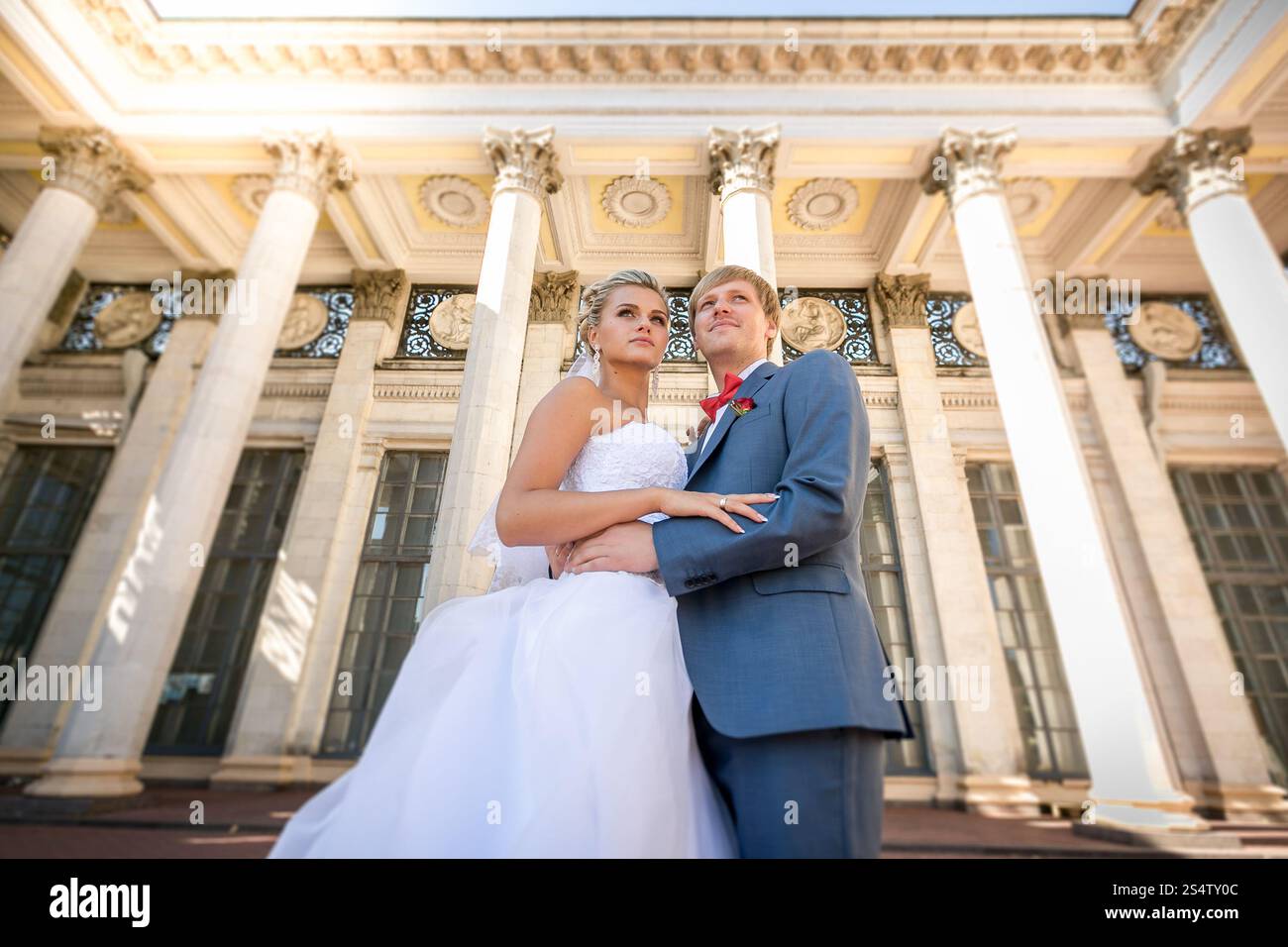 Wide angle portrait of happy bride and groom posing against classic ...