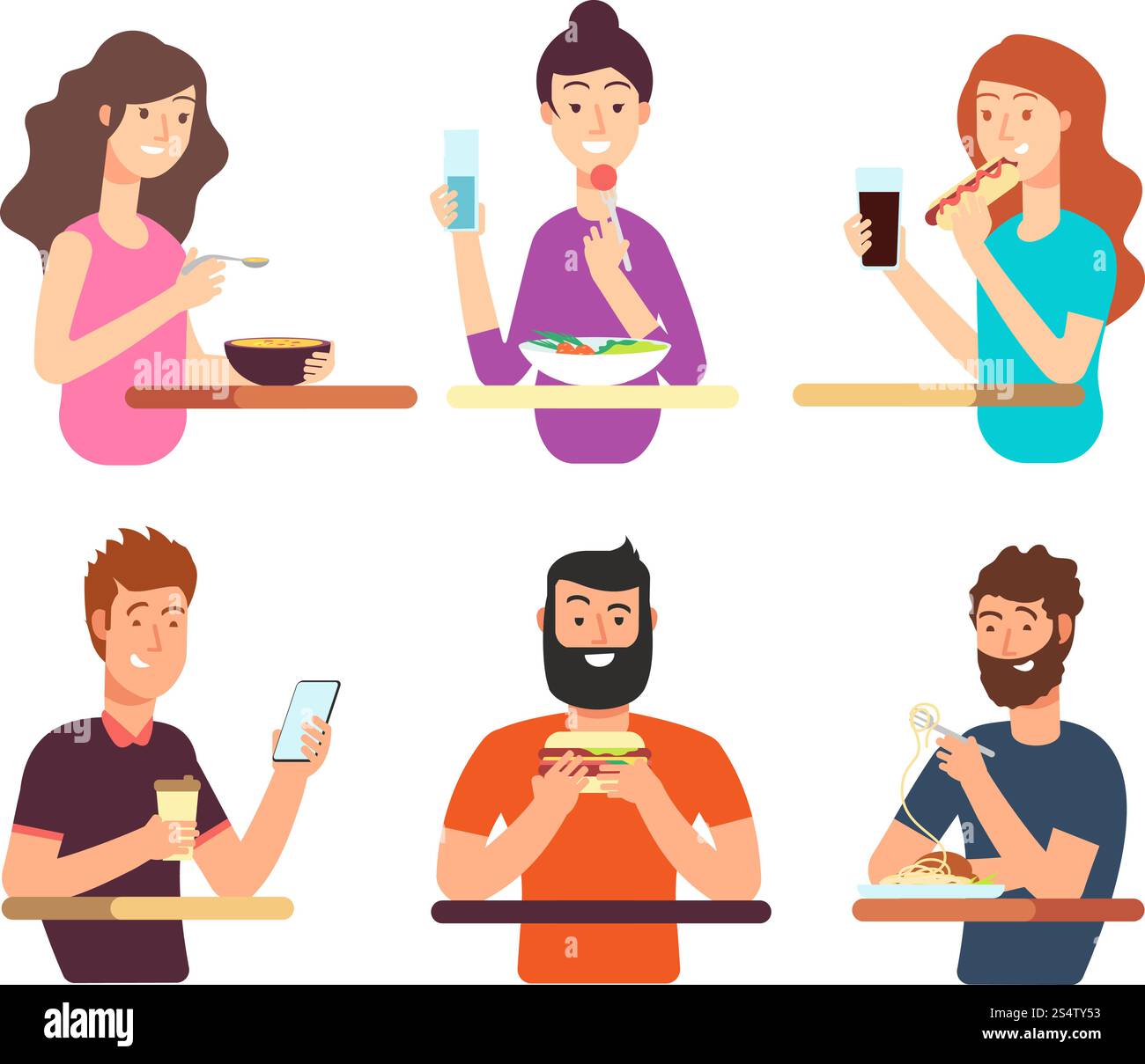 People, hungry persons eating different foods. Cartoon characters eat ...