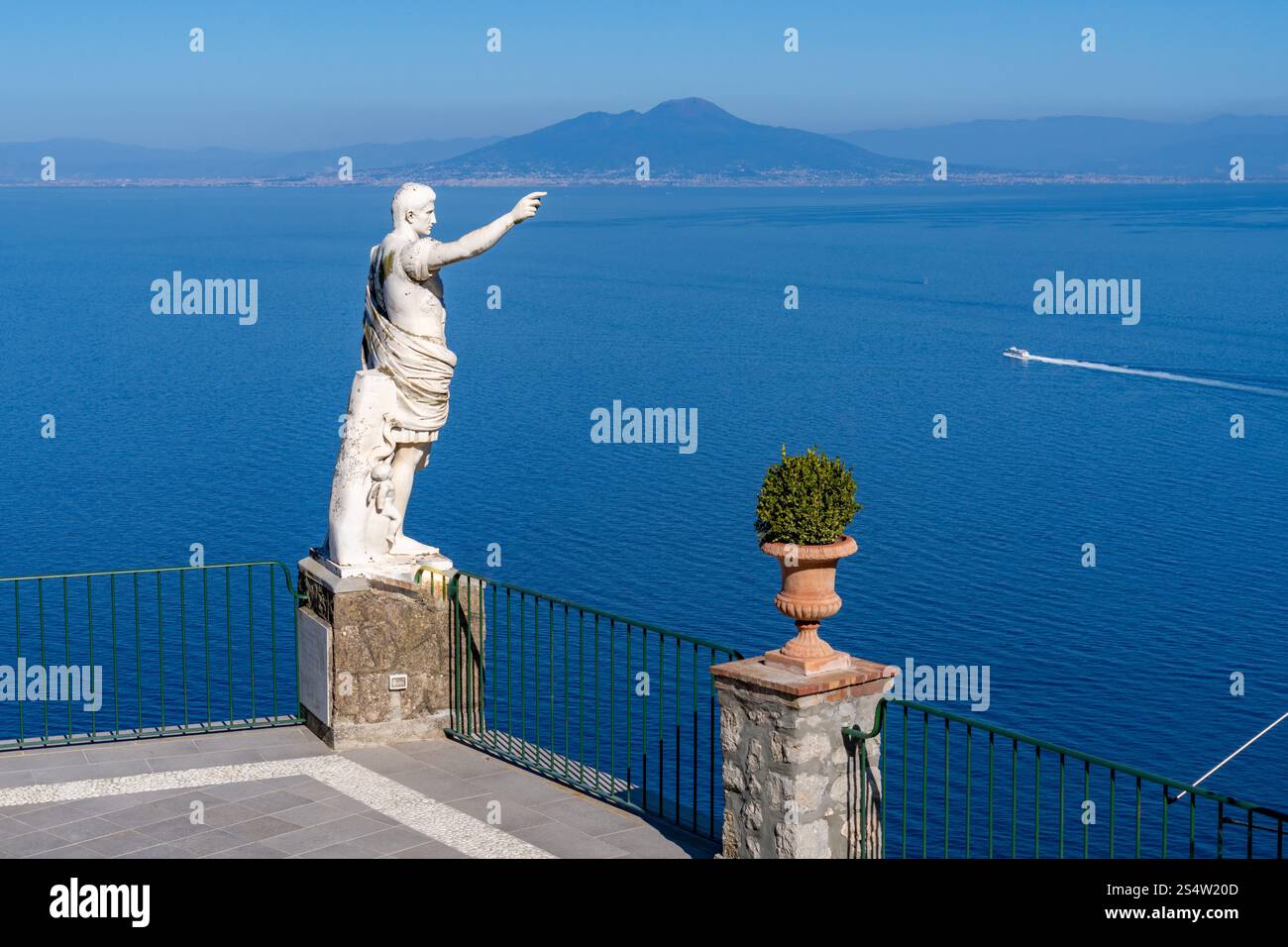 A statue of Augustus Caesar on a cliff-top patio at the Hotel Augustus ...