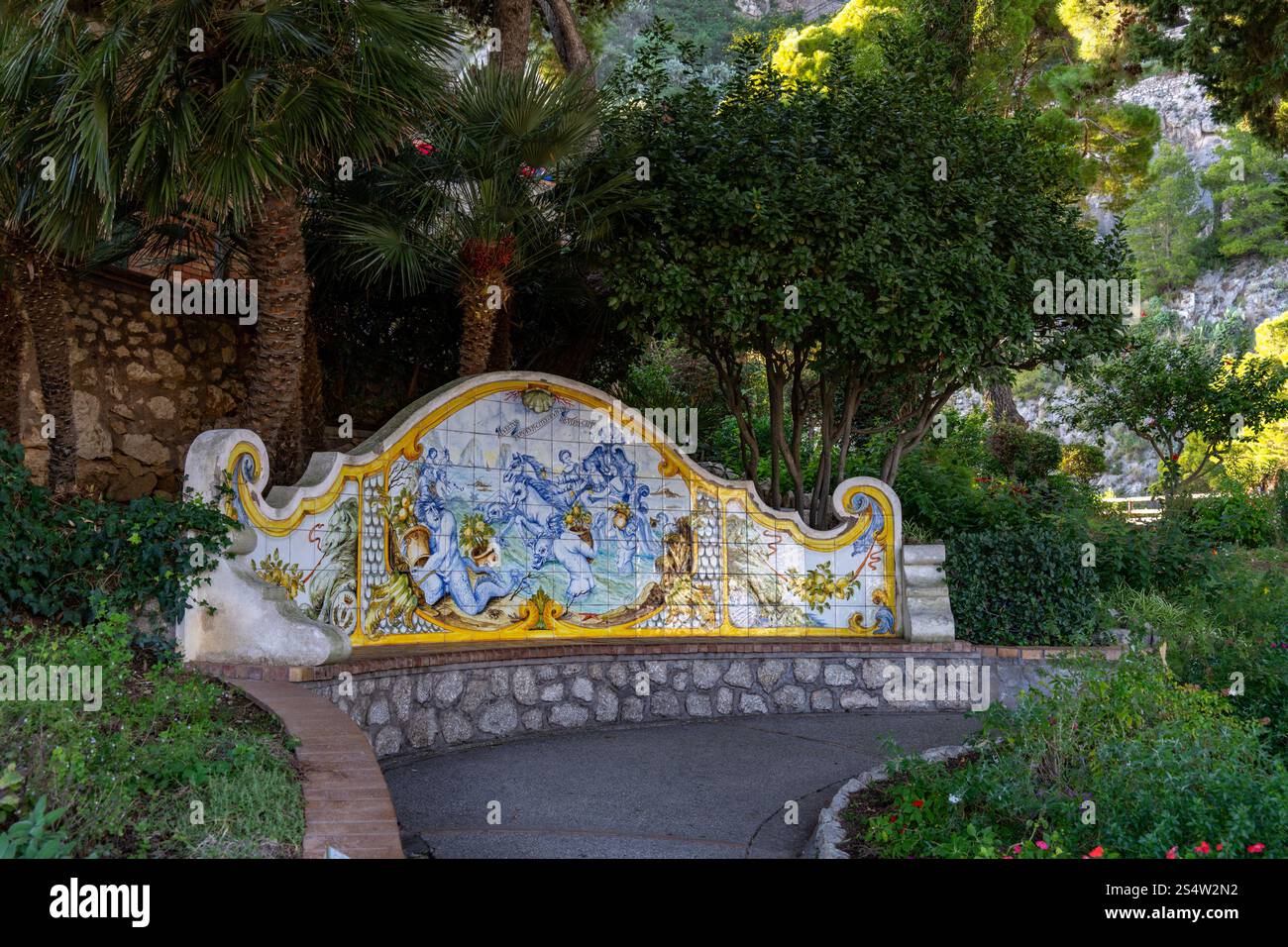 Colorful ceramic tile bench in the Gardens of Augustus, a botanical ...