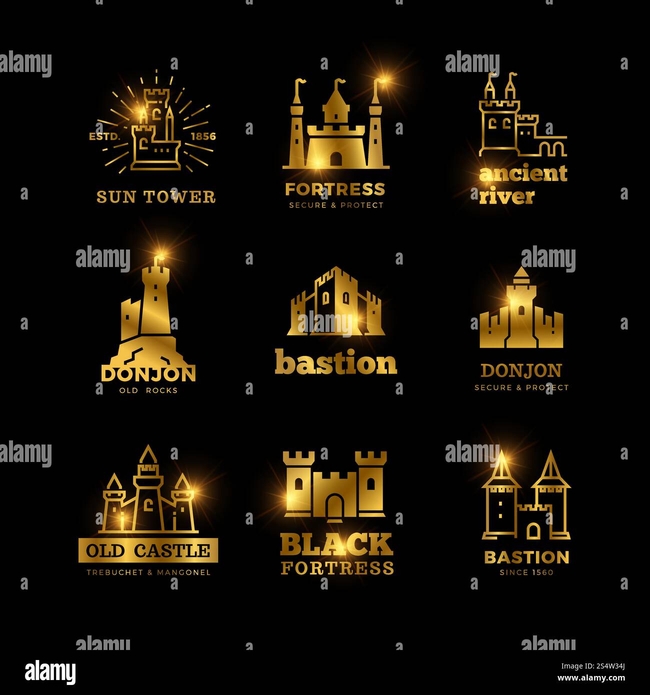Golden medieval castle and knight fortress ancient royal logo set on ...