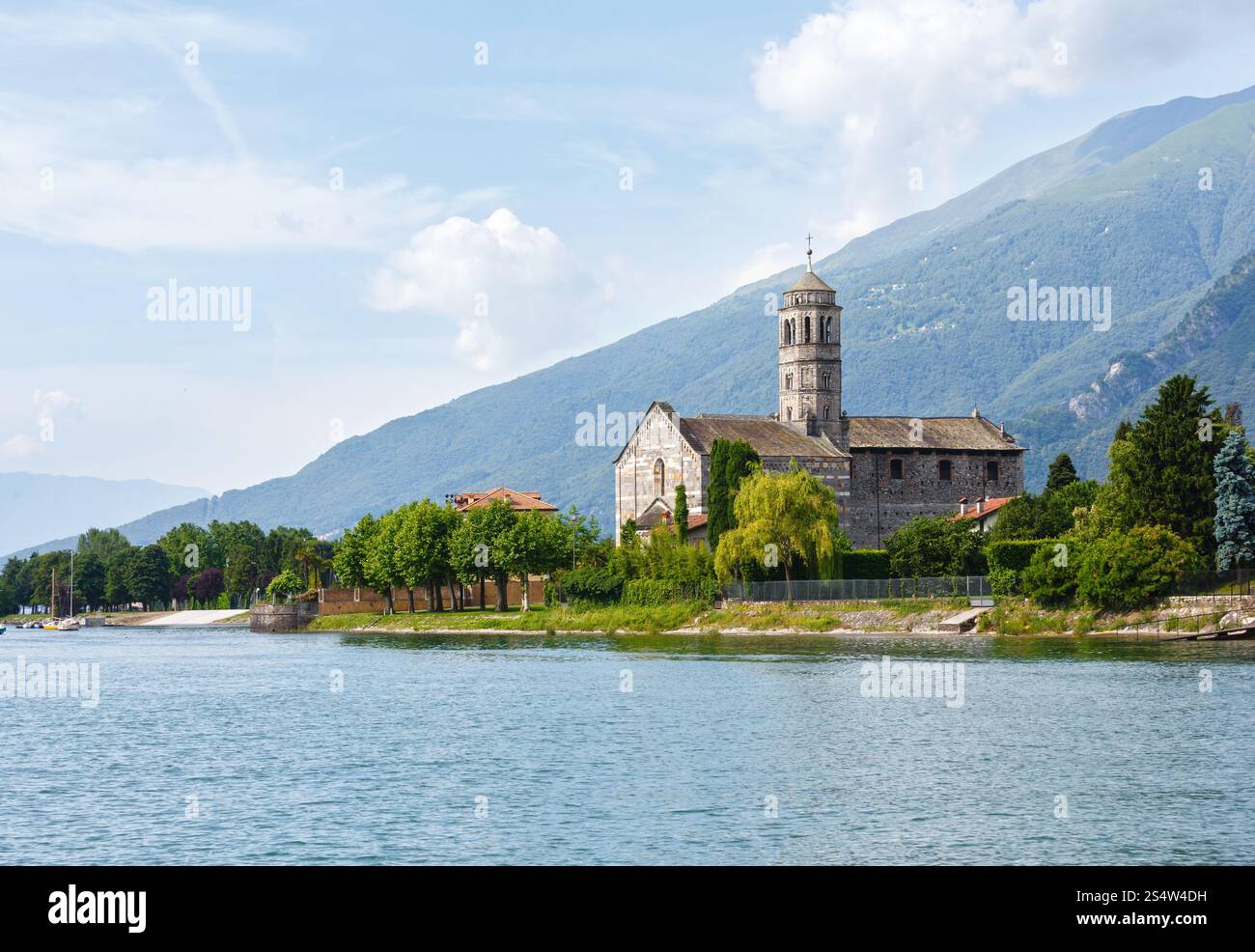 Lake Como (Italy) shore summer view with church from ship board Stock ...