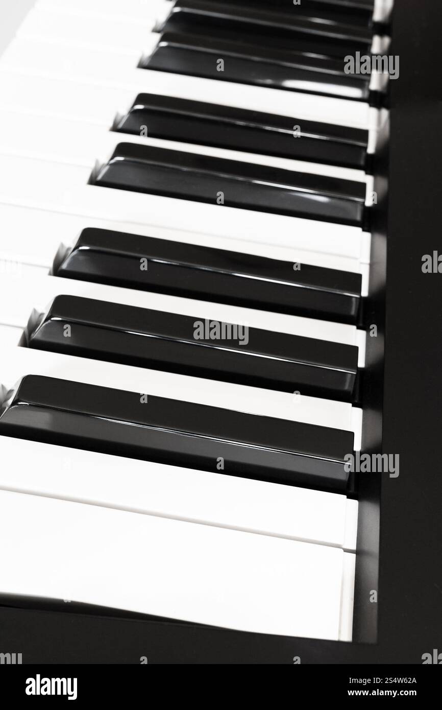 side view of black and white keys of musical digital keyboard close up ...
