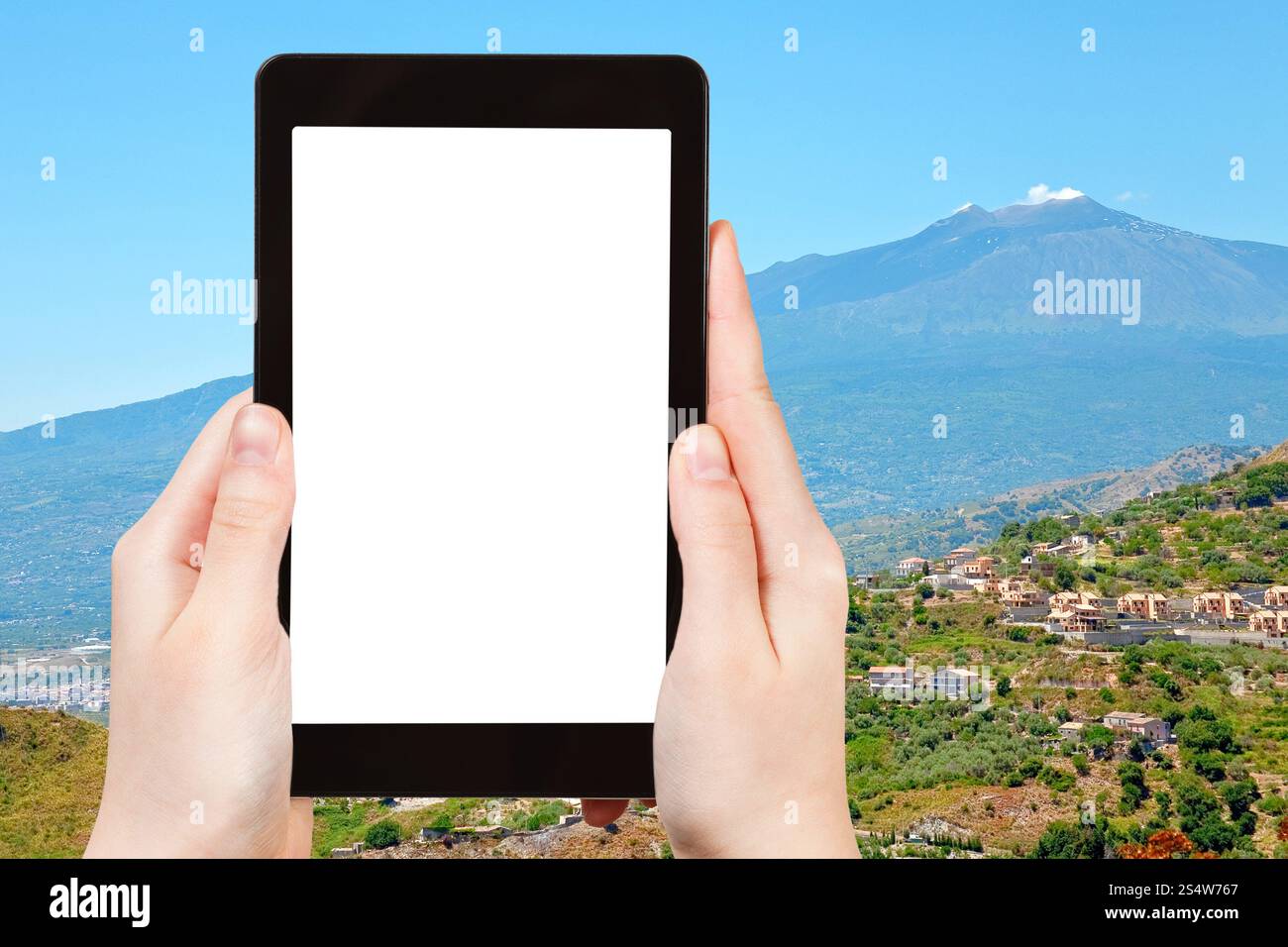 travel concept - tourist photograph Etna volcano and rural gardens on ...