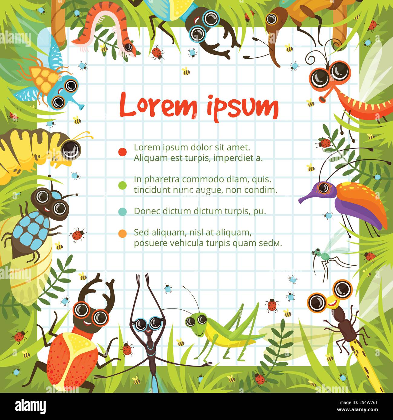 Cartoon border with funny insects. Banner with butterfly and fly ...