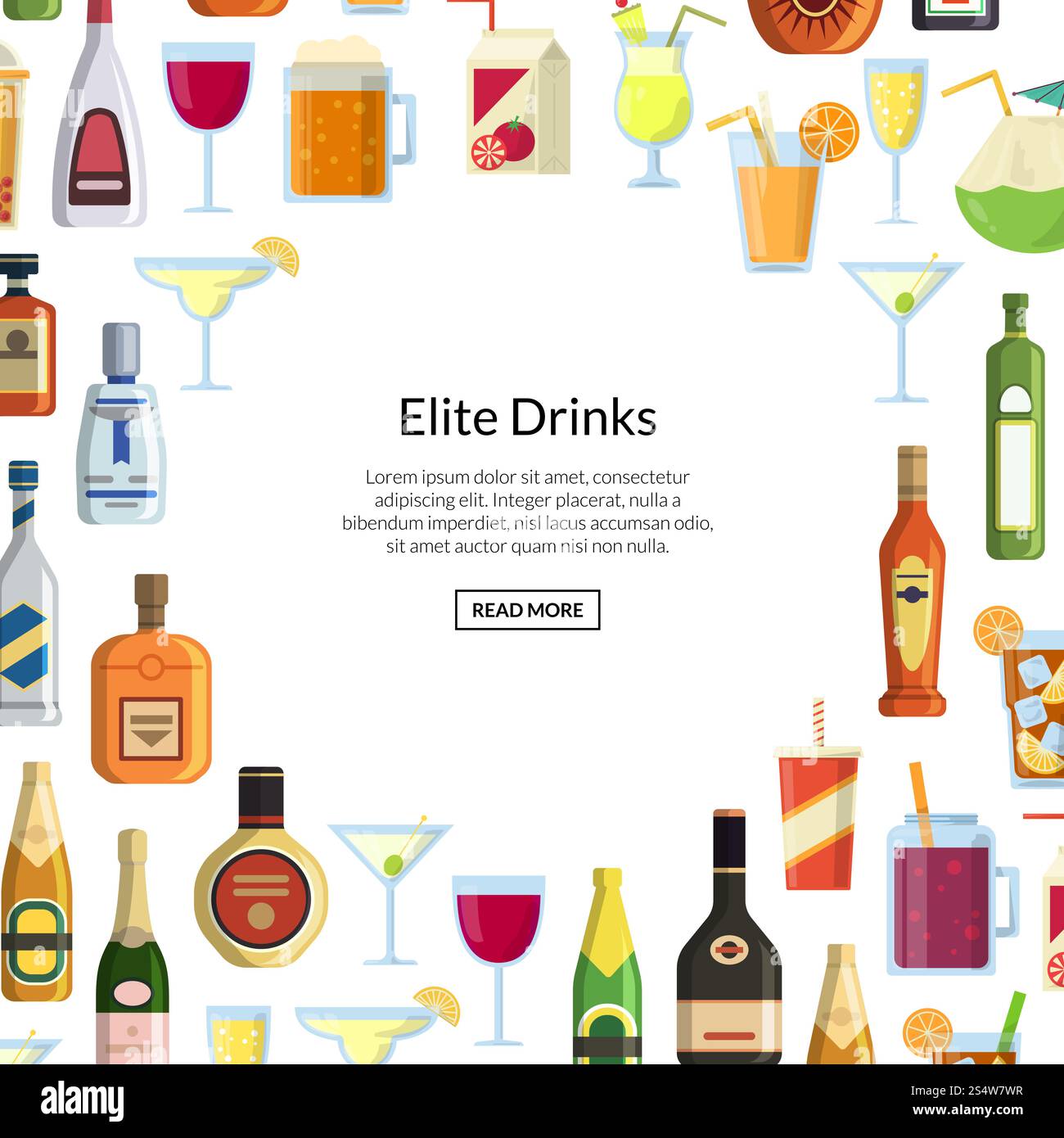 Vector background with alcoholic drinks in glasses and bottles gathered ...
