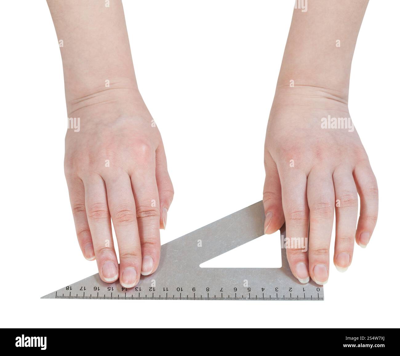 female hands with metallic triangle isolated on white background Stock ...