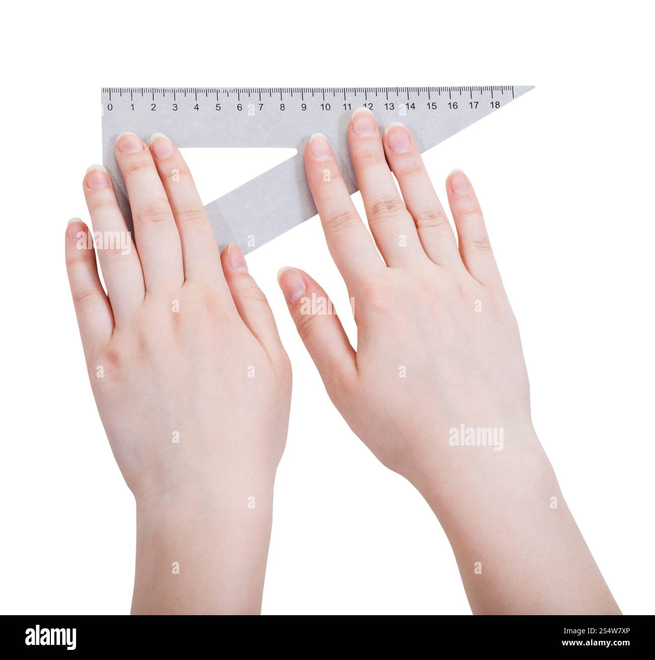 female hands with metallic triangle ruler isolated on white background ...