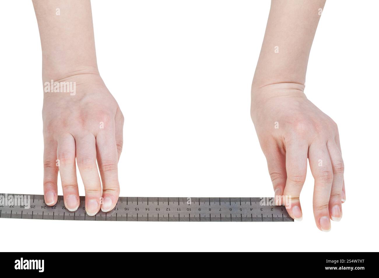 female hands with metallic ruler isolated on white background Stock ...