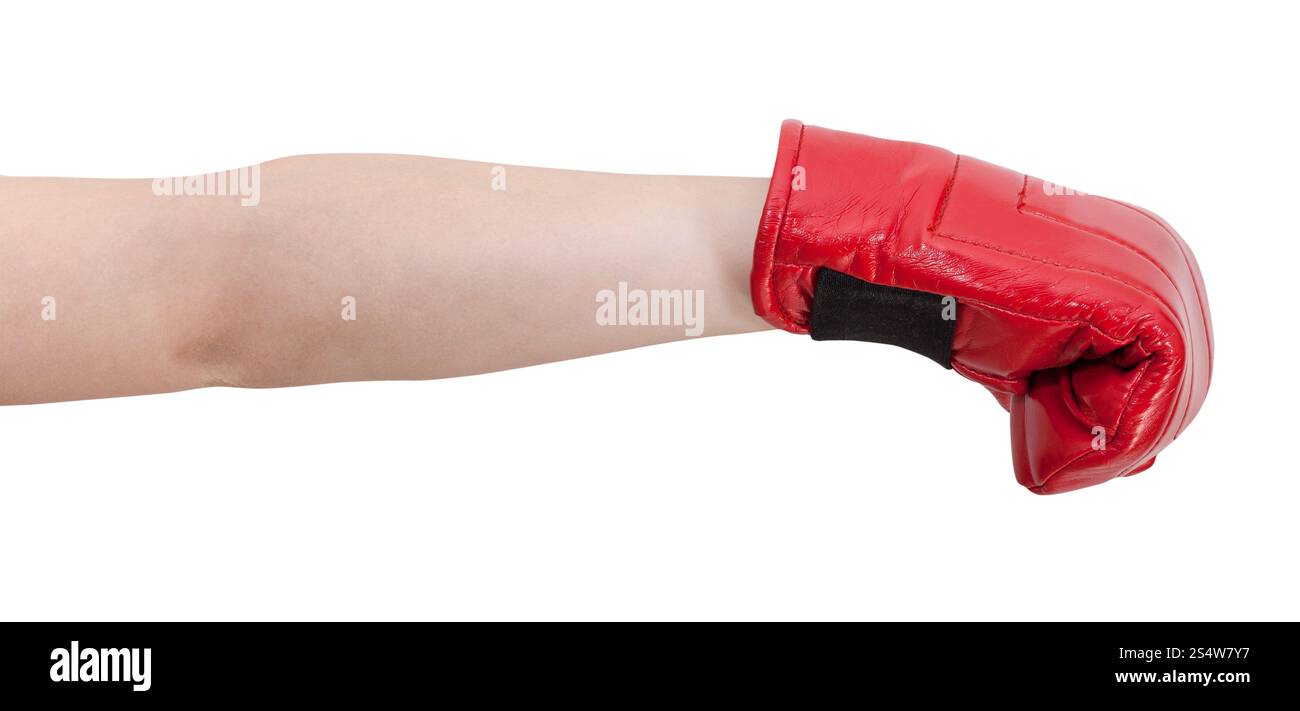 hand gesture - child with boxing glove punches isolated on white ...