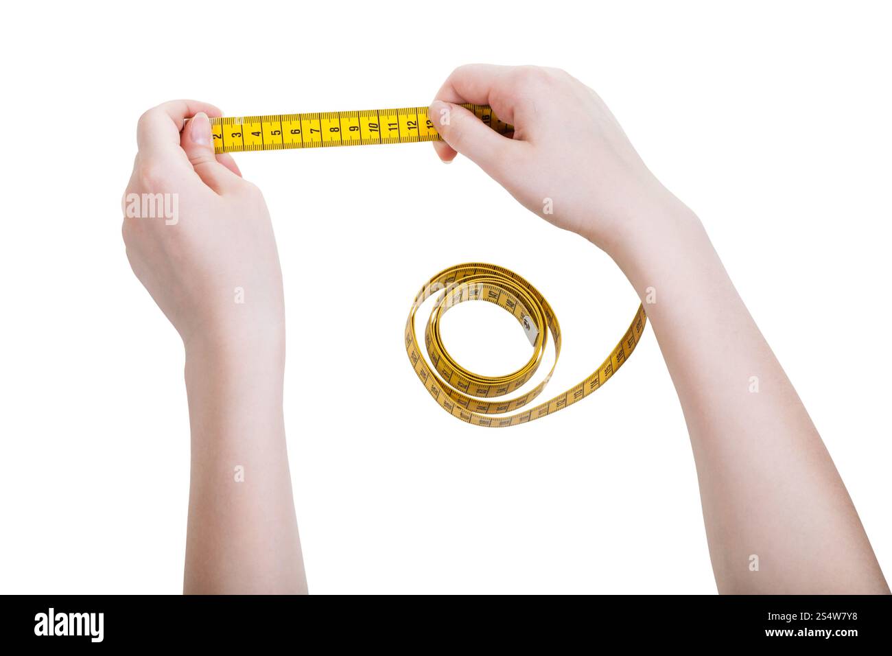 female hands with tailor measuring tape isolated on white background ...