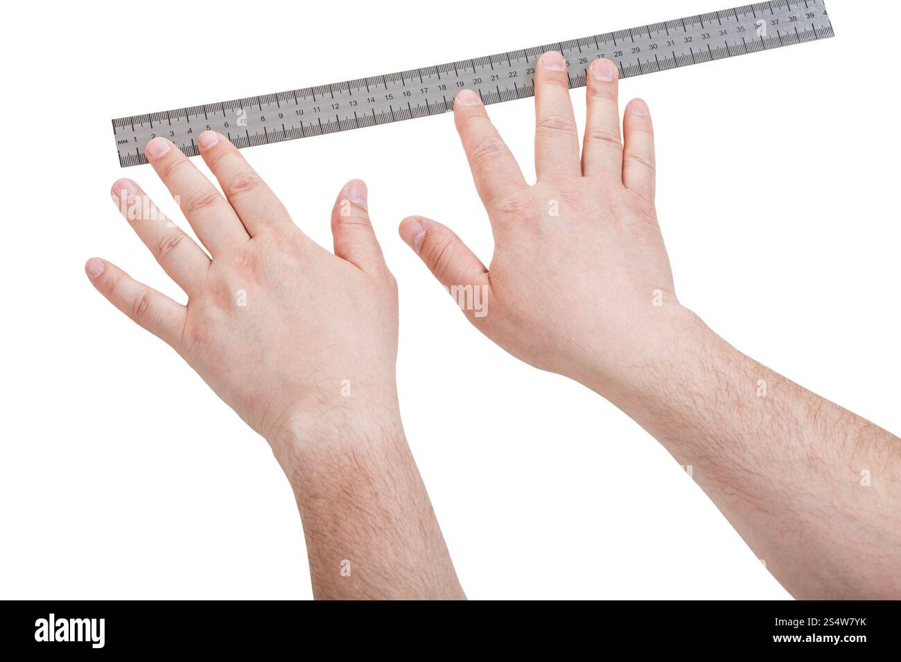 male hands with measuring ruller isolated on white background Stock ...