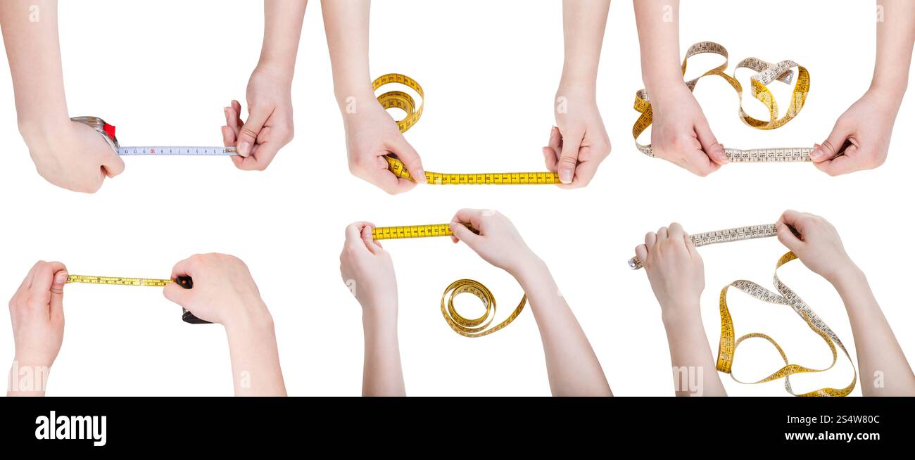 set of female hands with measuring tapes isolated on white background ...