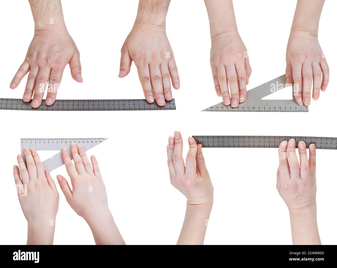 set of hands with metallic rulers isolated on white background Stock ...