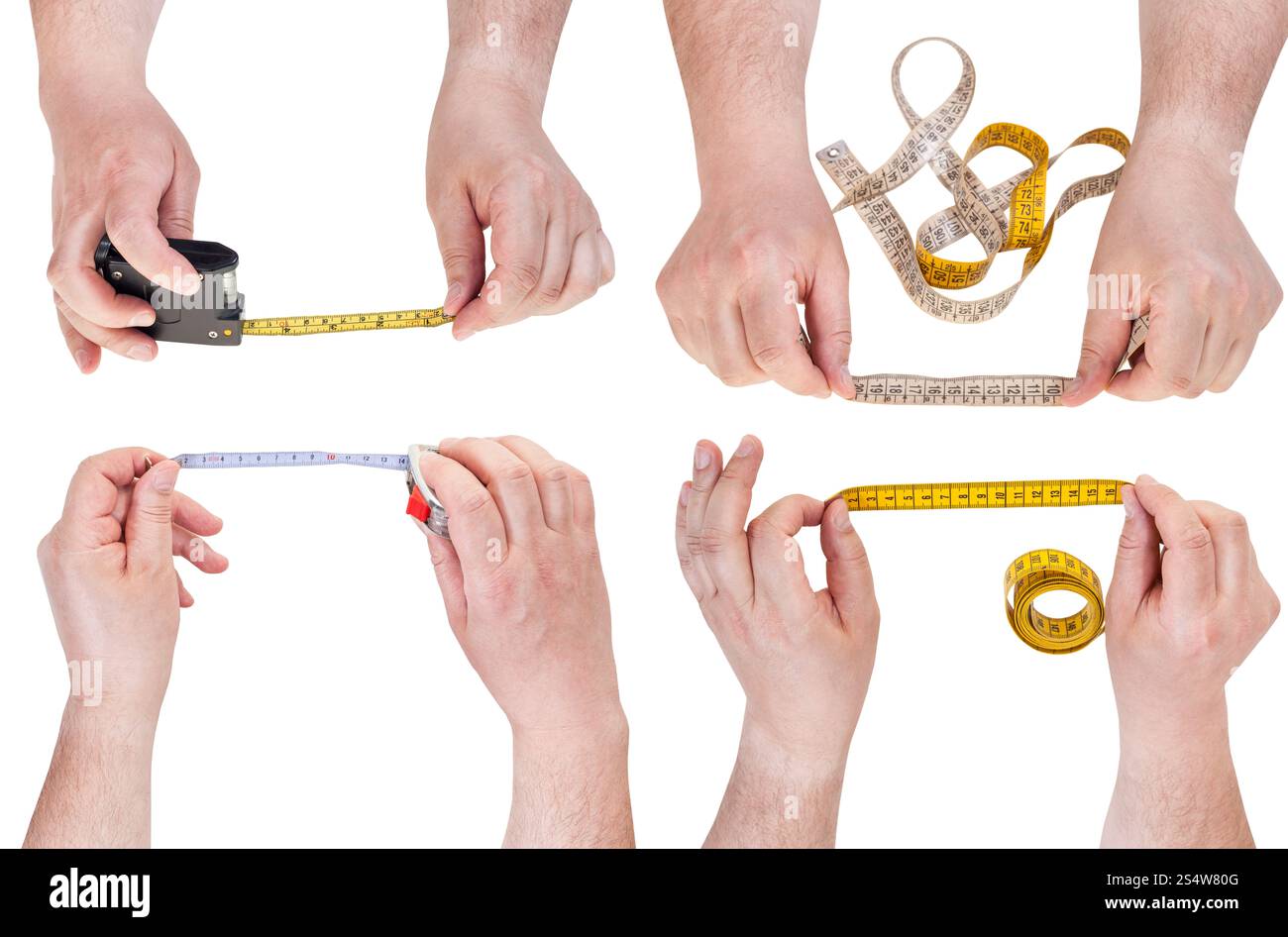 set of male hands with measuring tapes isolated on white background ...