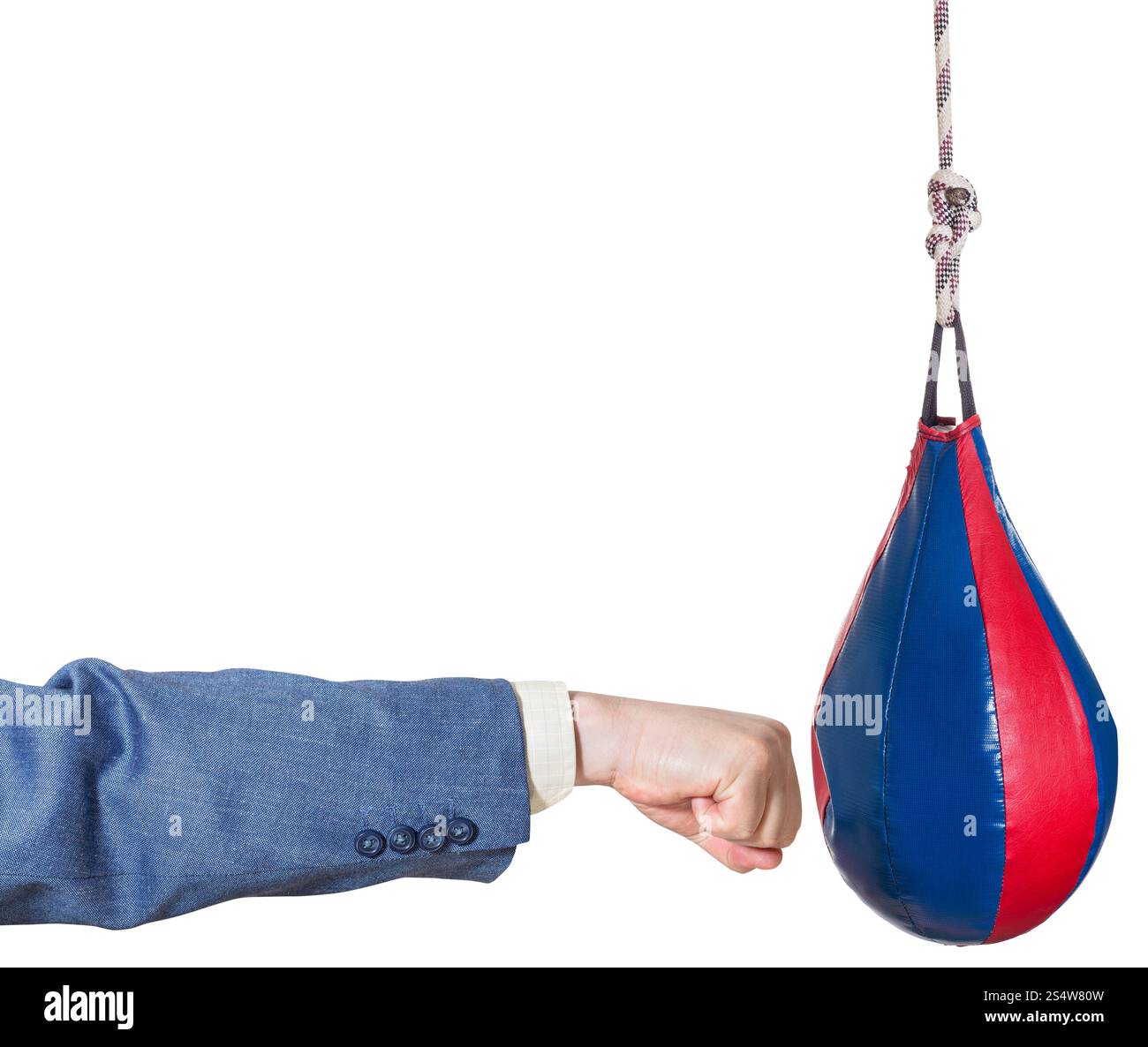 hand gesture - businessman hits punching bag isolated on white ...