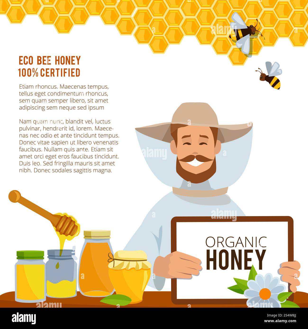 Illustrations at beekeeping theme. Poster vector template. Honey tasty ...