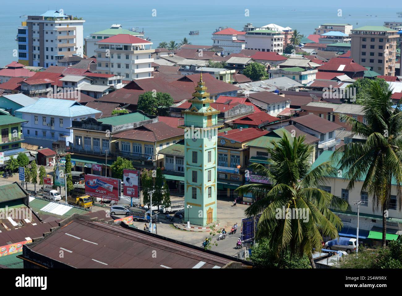 the City centre with the Clock Tower in the city of Myeik in the south ...