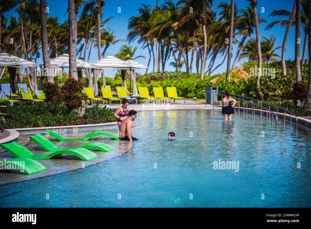 Rio Grande, Puerto Rico - March 7, 2018: Sun shelf and in pool lounge ...