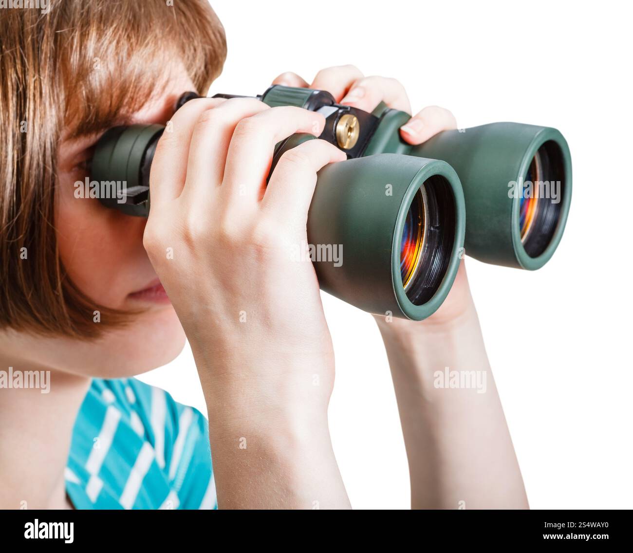 girl watching through field glasses isolated on white background Stock ...