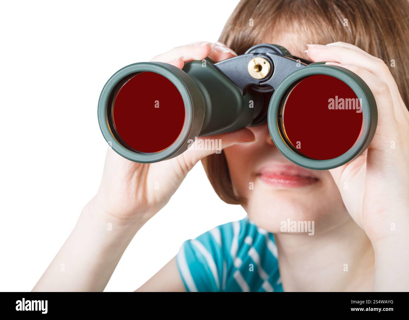 front view of girl looks through field glasses isolated on white ...