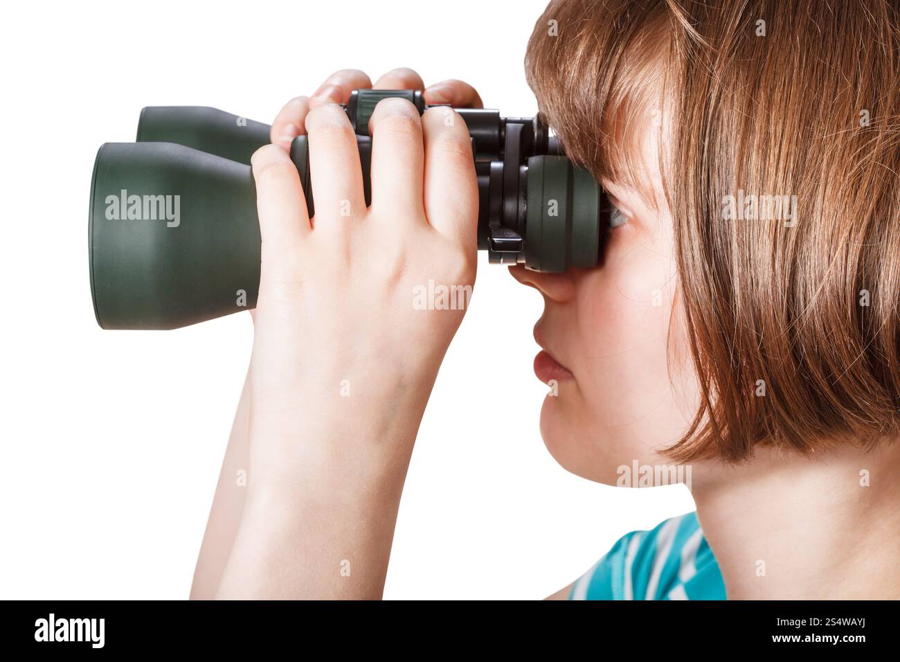 side view of girl looks through field glasses isolated on white ...