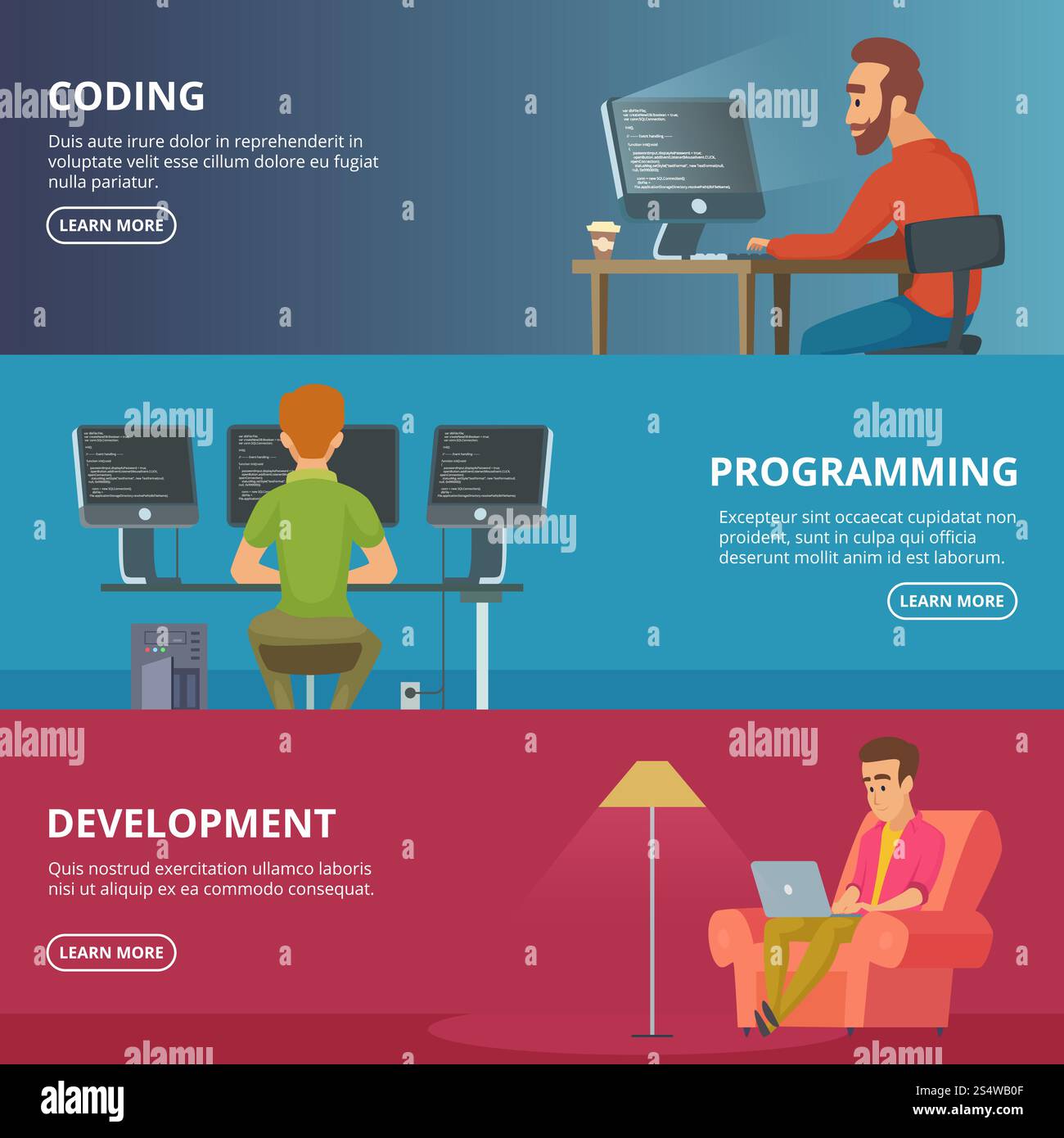 Horizontal banners with illustrations of designers and programmers. Vector programmer man with ...