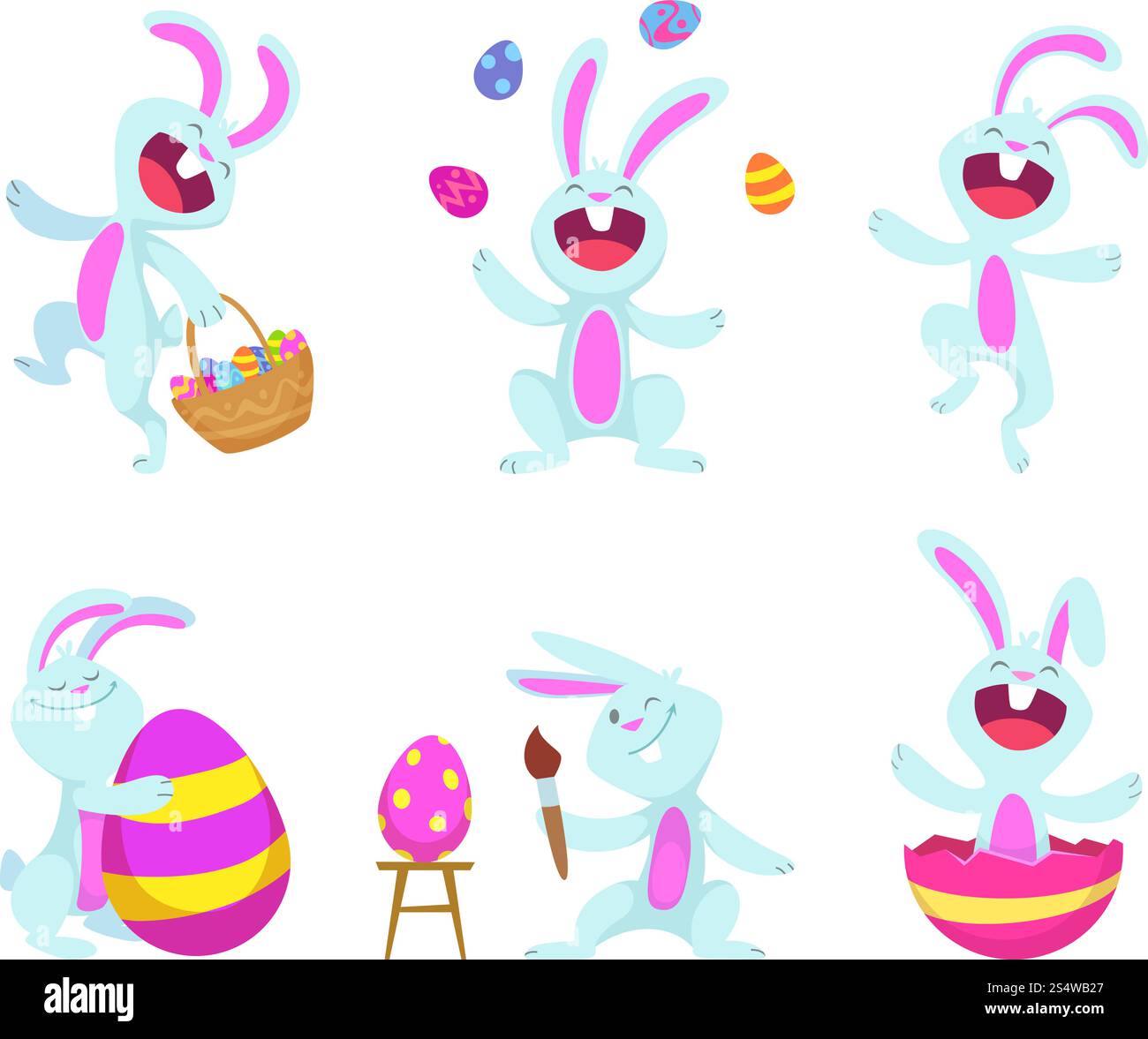 Easter rabbits in cartoon style. Rabbit happy with eggs, vector bunny ...