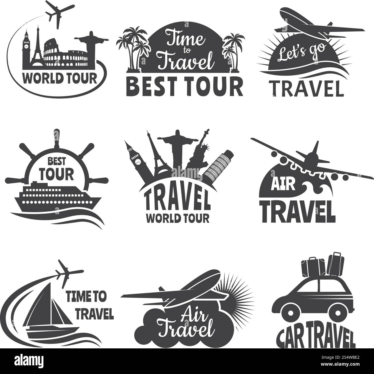 Travel labels set with illustrations of airplane. Vector travel label ...