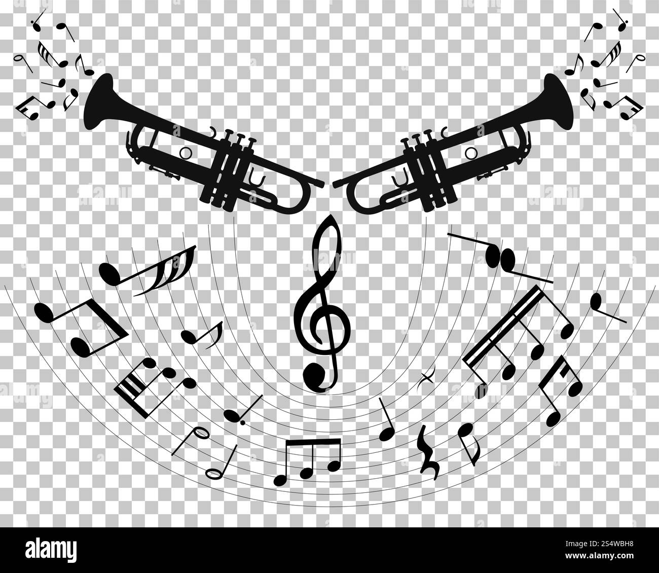 Abstract music background with different notes and wind instruments ...