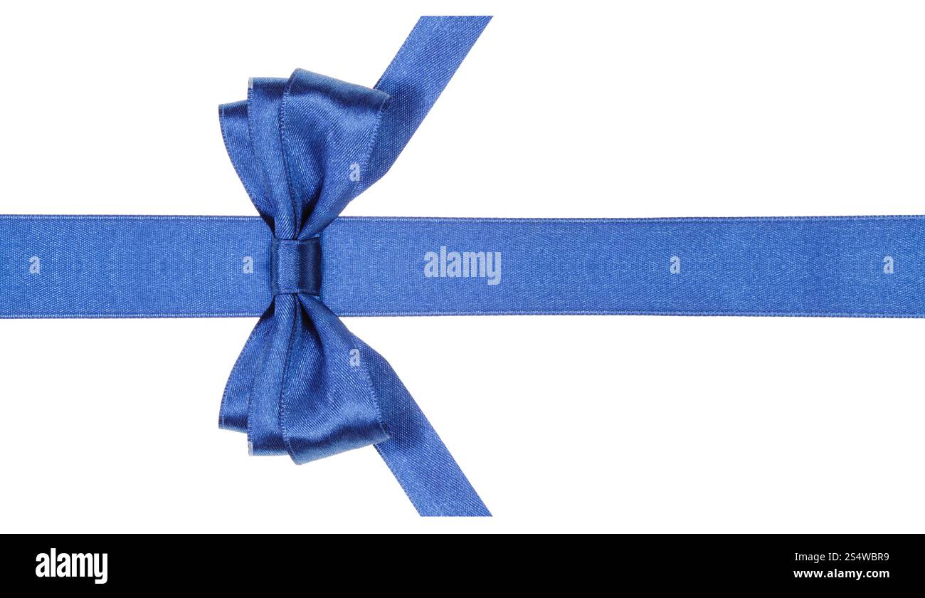 symmetric blue satin bow with vertically cut ends on silk ribbon ...
