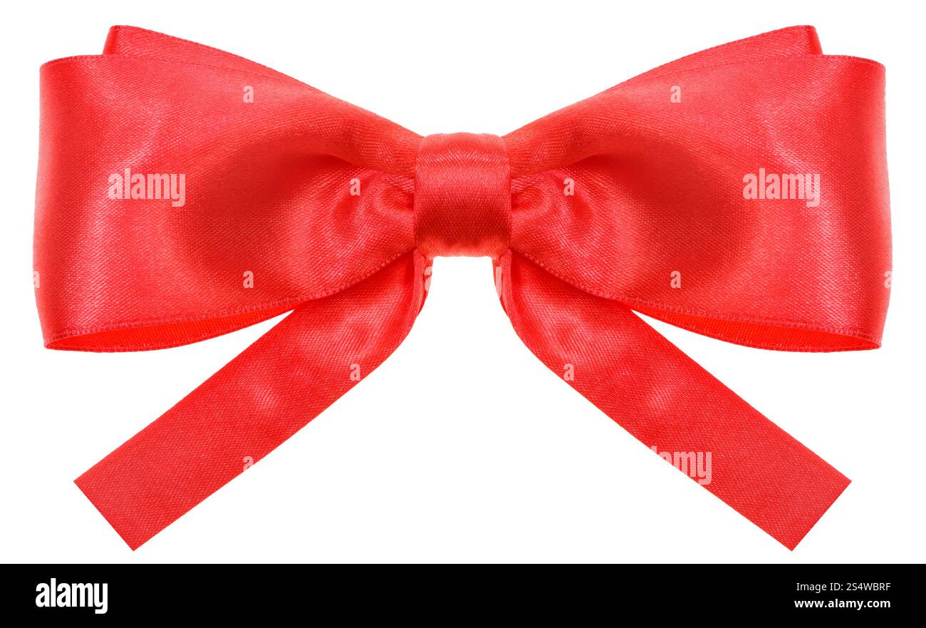 symmetric red satin ribbon bow with square cut ends isolated on white ...