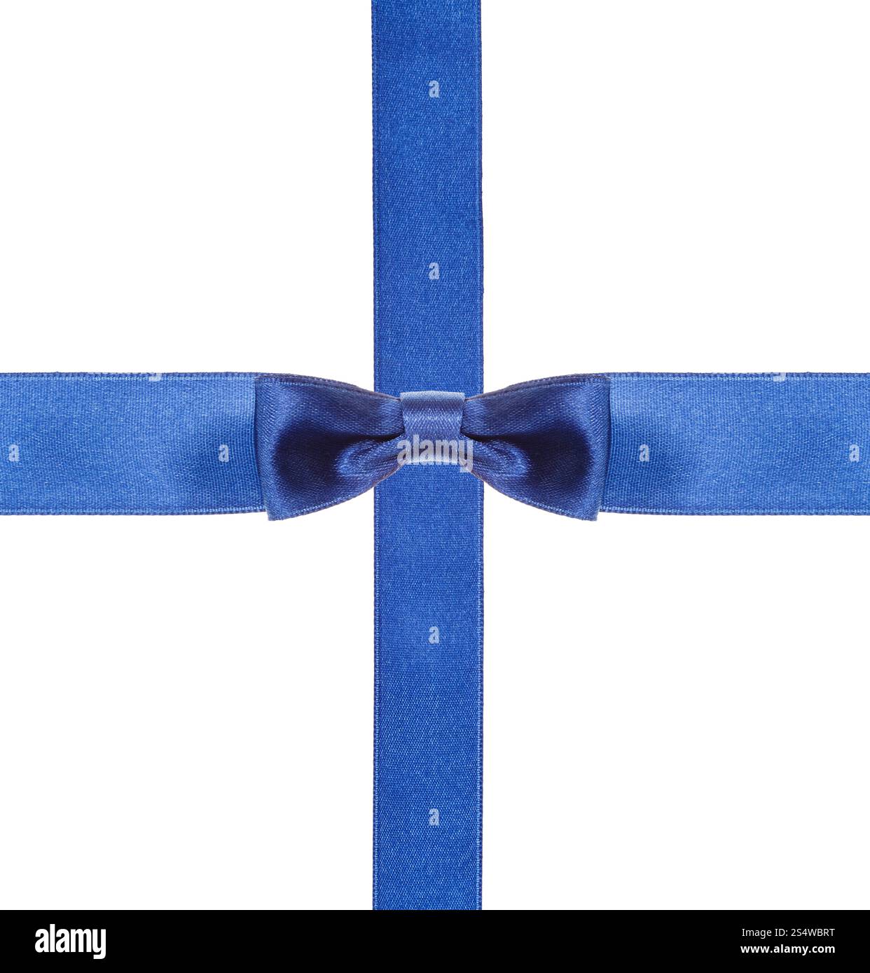 one blue satin bow in centre and two intersecting ribbons isolated on ...