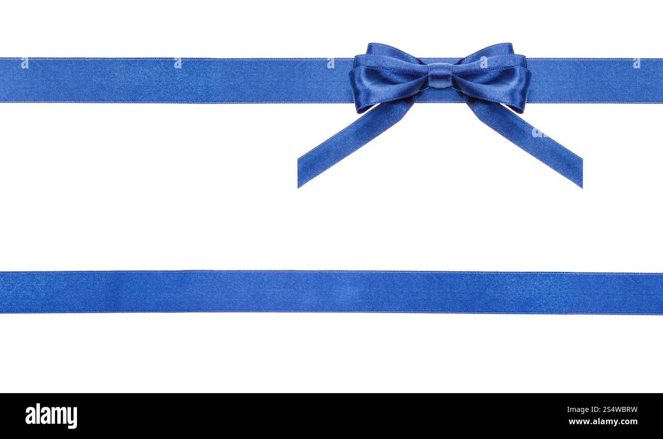 one blue satin bow in upper right corner and two horizontal ribbons ...