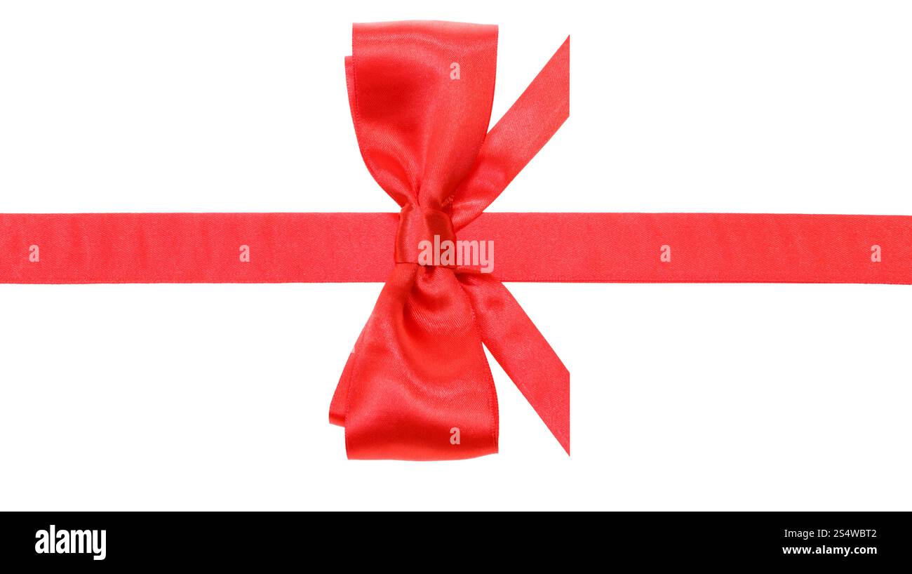 real red satin bow with horizontal cut ends on narrow ribbon isolated ...