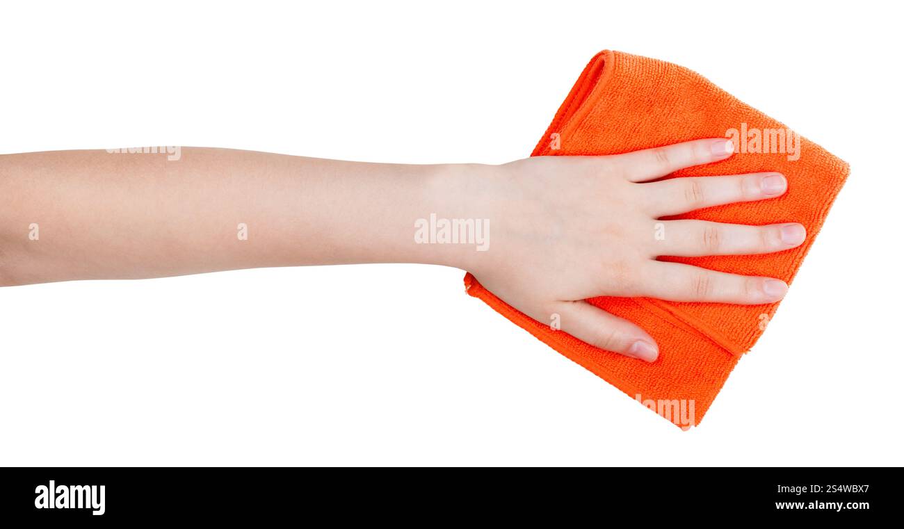hand with orange cleaning rag isolated on white background Stock Photo ...