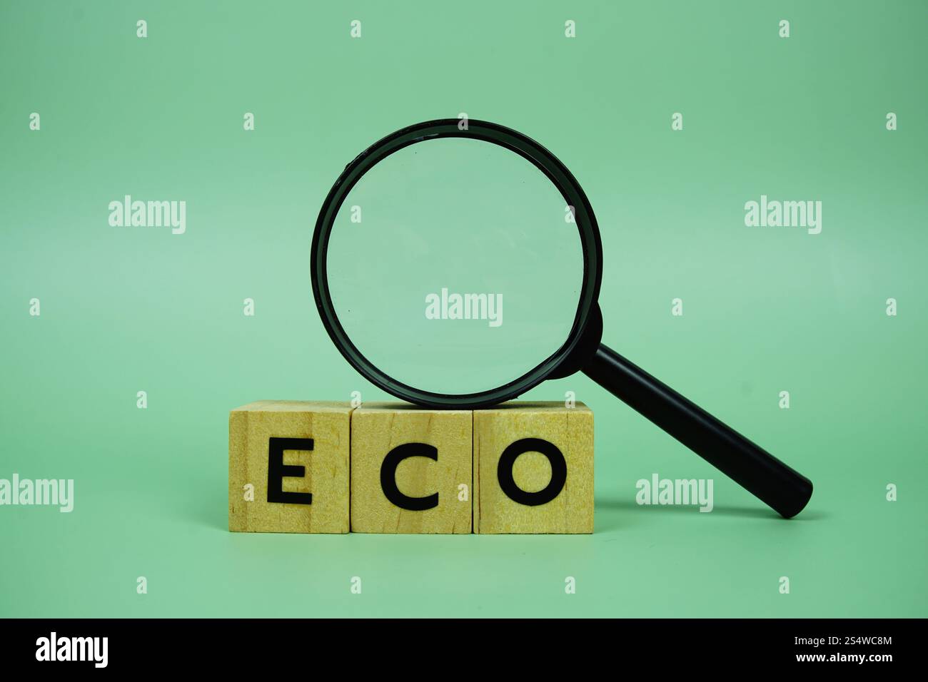 Eco with wooden blocks alphabet letters and magnifying glass on green ...