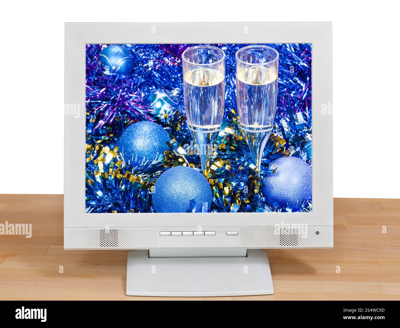 Christmas still life with blue baubles and glasses on screen of gray ...