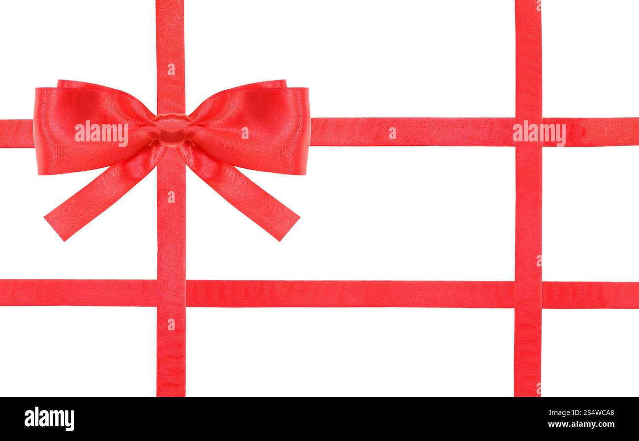 one red satin bow in upper left corner and four intersecting ribbons ...