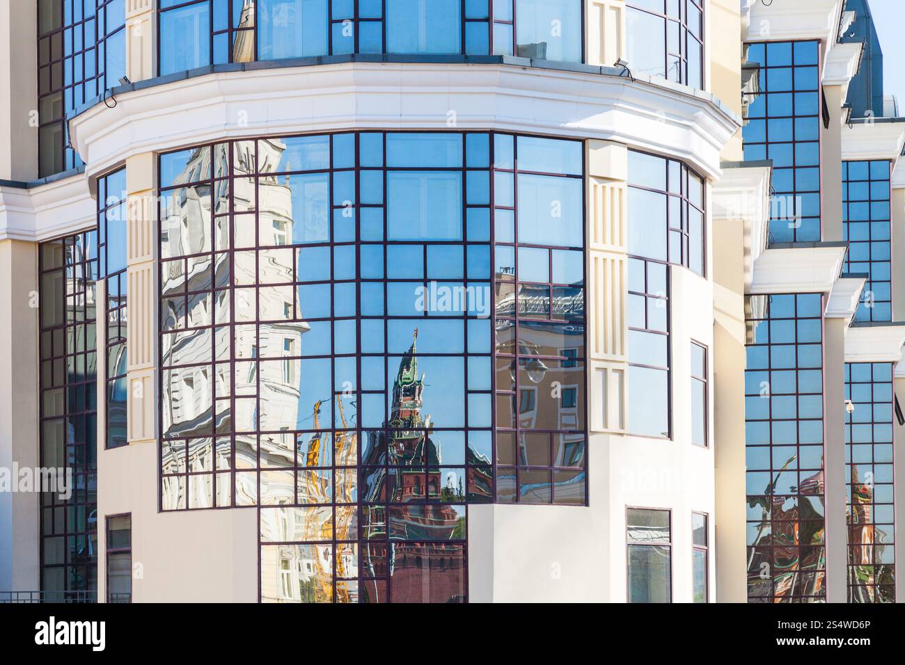 Moscow cityscape - reflection of historic Moscow Kremlin towers in ...