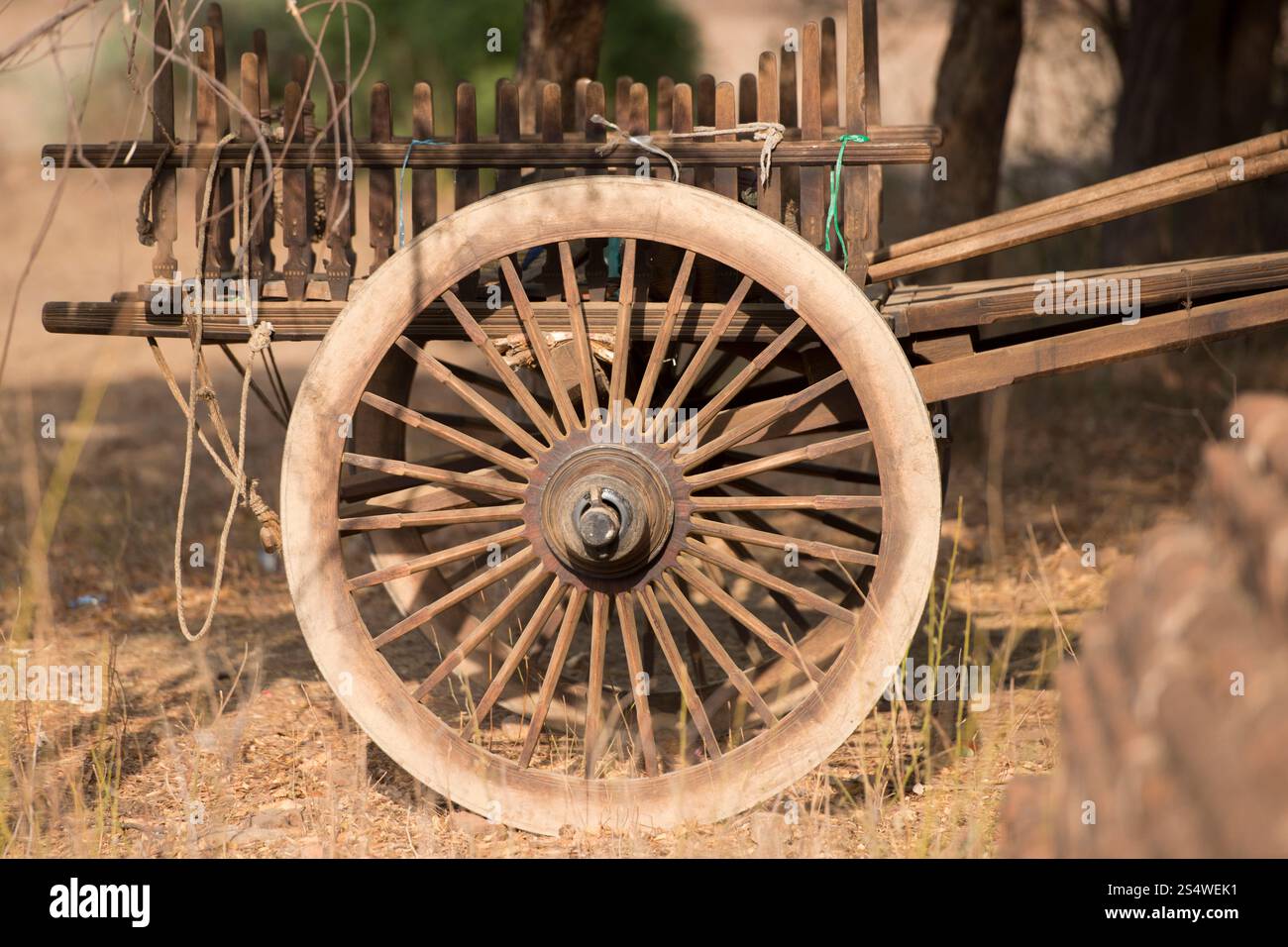 a wheel of a woodcart of a farmer stays on a field in Bagan in Myanmar ...