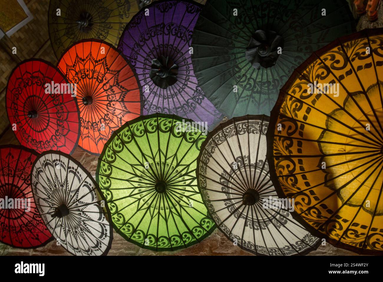 a Umbrella Souvenier Shop in New Bagan in Myanmar in Southeastasia ...