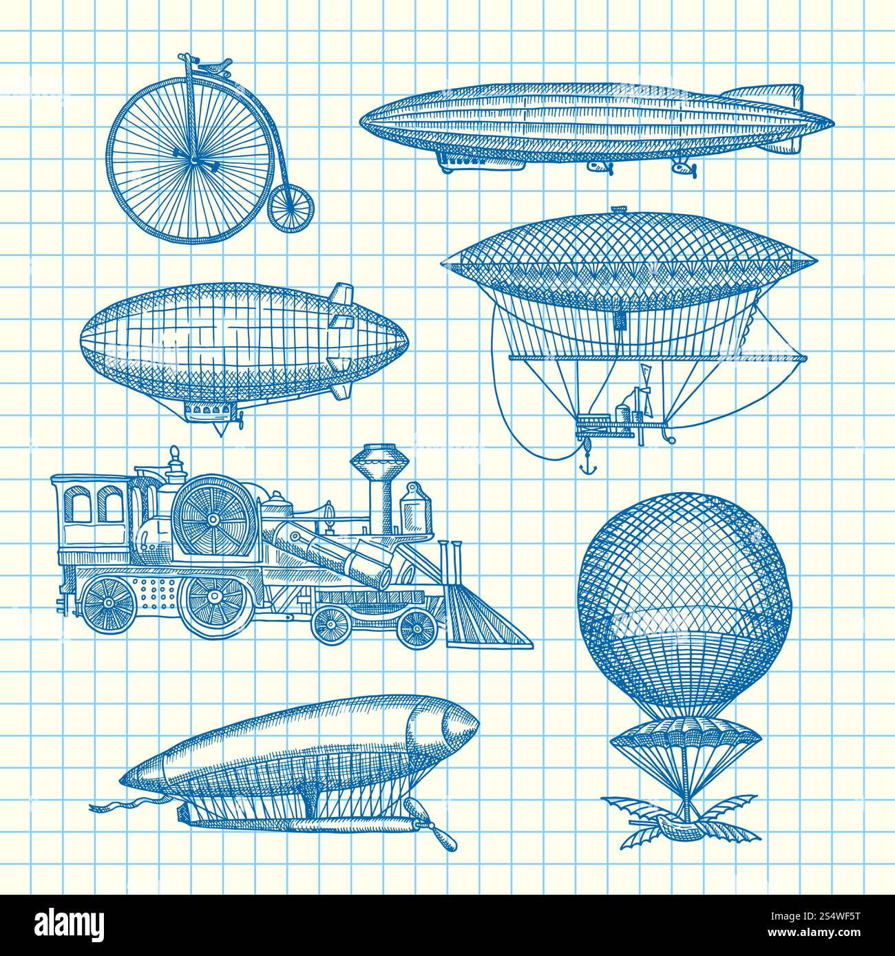 Vector set of steampunk hand drawn dirigibles, bicycles and cars on ...