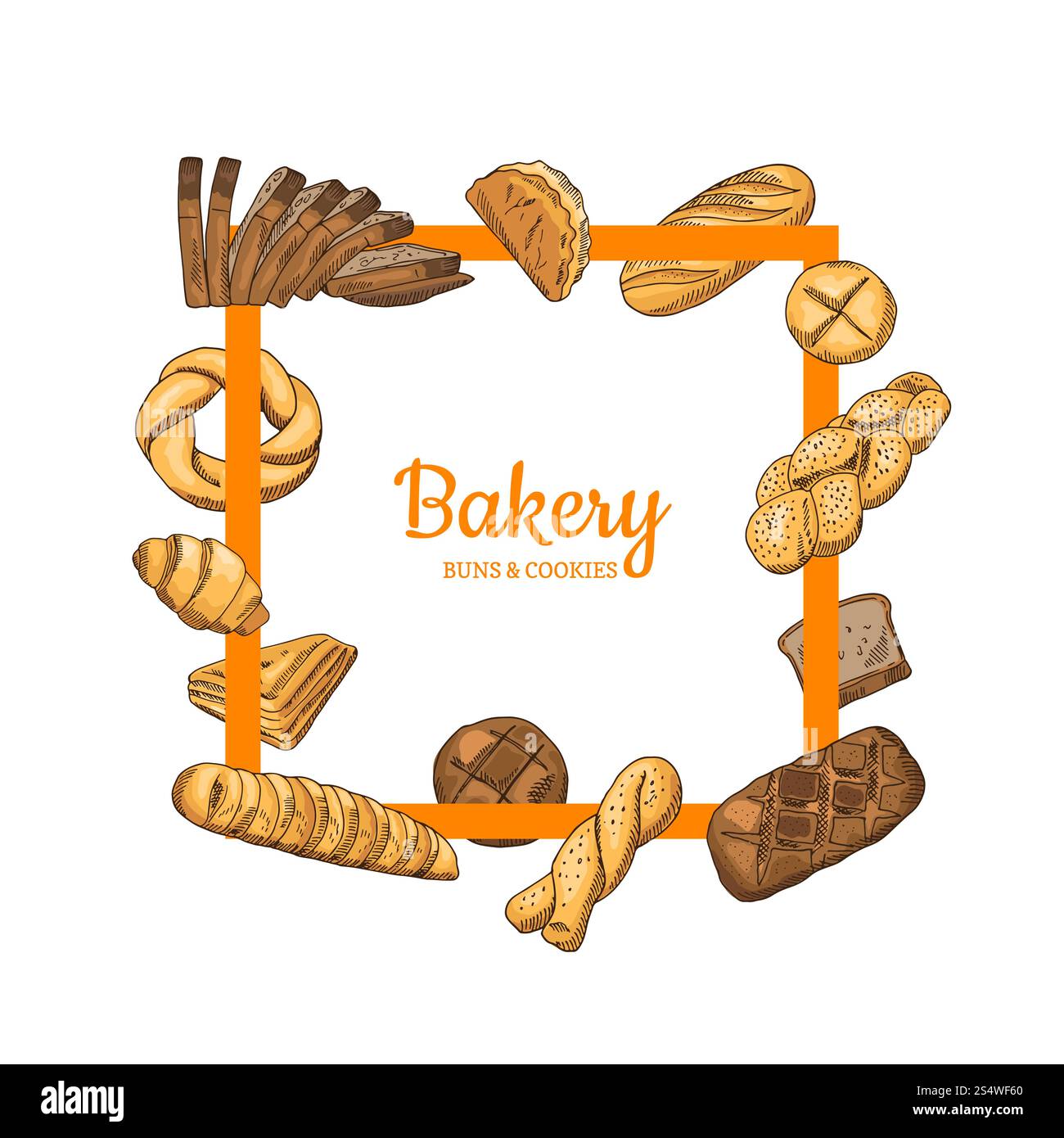 Vector bold frame with hand drawn colored bakery food elements around ...